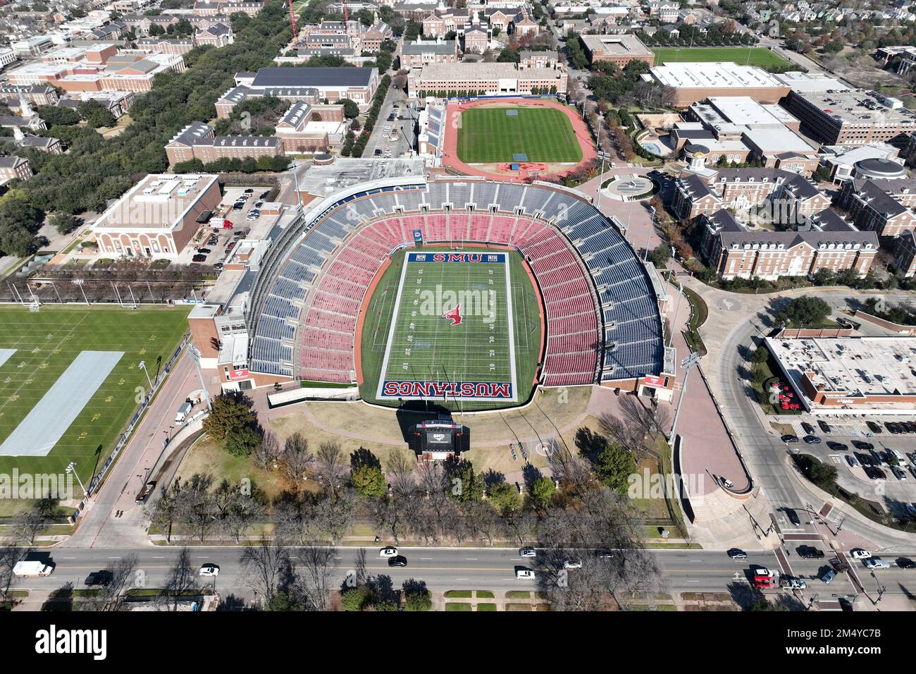 A general overall aerial view of Gerald J. Ford Stadium (foreground ...