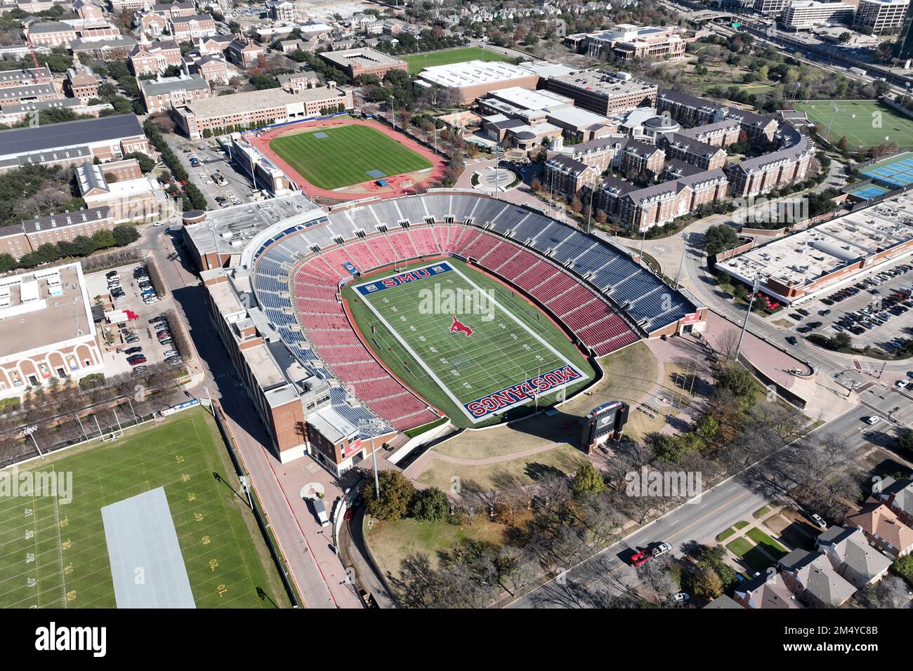 A general overall aerial view of Gerald J. Ford Stadium (center) and ...