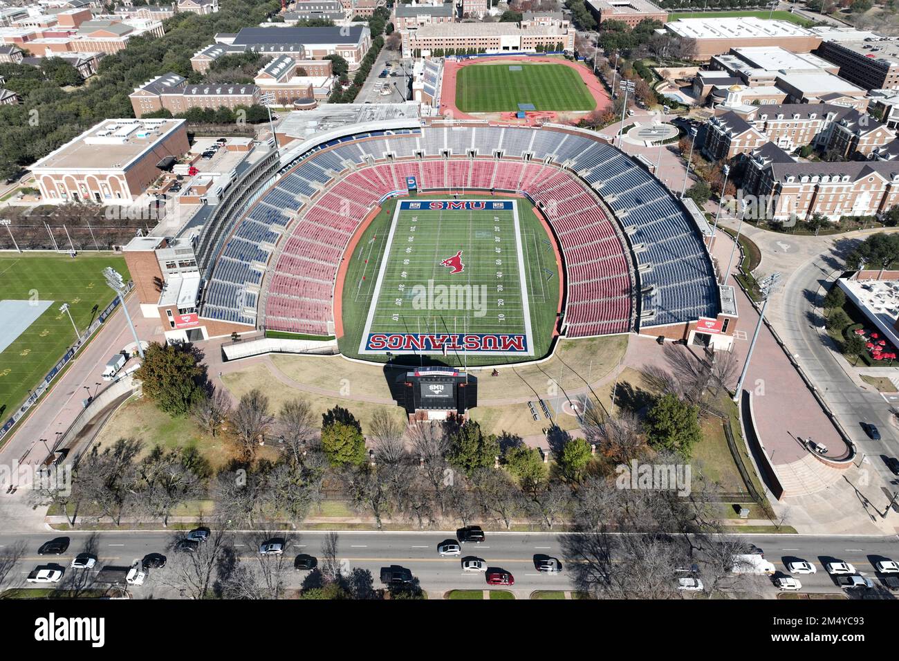 A general overall aerial view of Gerald J. Ford Stadium (foreground ...