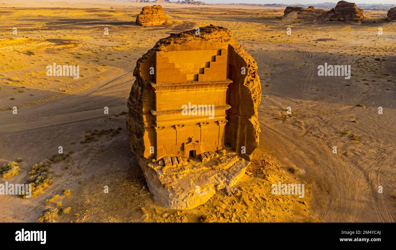 Aerial of the Tomb of Lihyan son of Kuza, Unesco site Maidan Saleh or ...