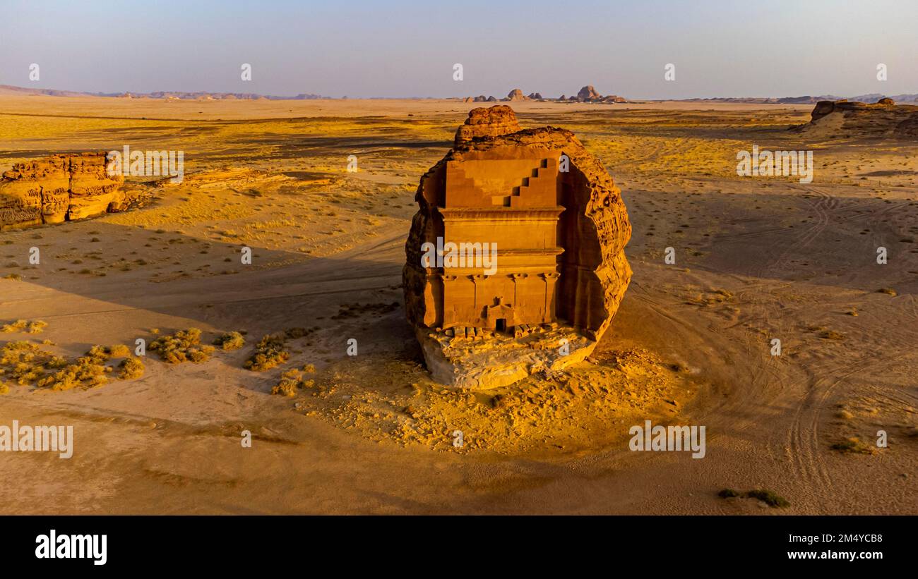 Aerial of the Tomb of Lihyan son of Kuza, Unesco site Maidan Saleh or ...