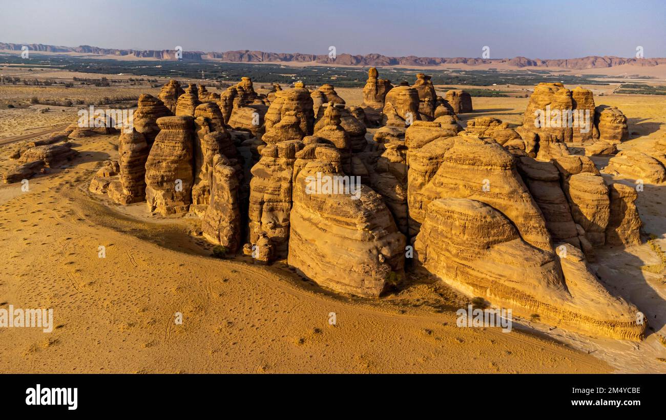 Aerial of beautiful rock formations in the Unesco site Maidain Saleh or ...