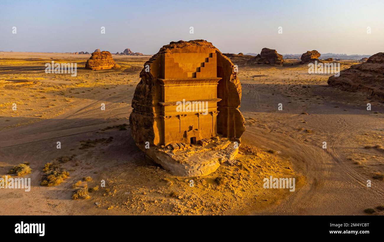 Aerial of the Tomb of Lihyan son of Kuza, Unesco site Maidan Saleh or ...
