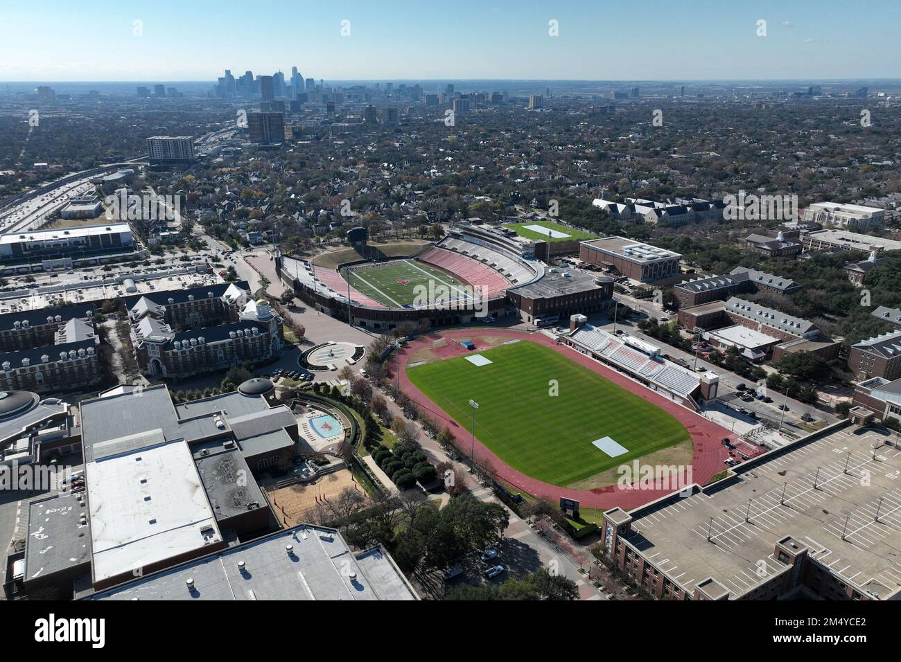 A general overall aerial view of Gerald J. Ford Stadium (top) and the ...