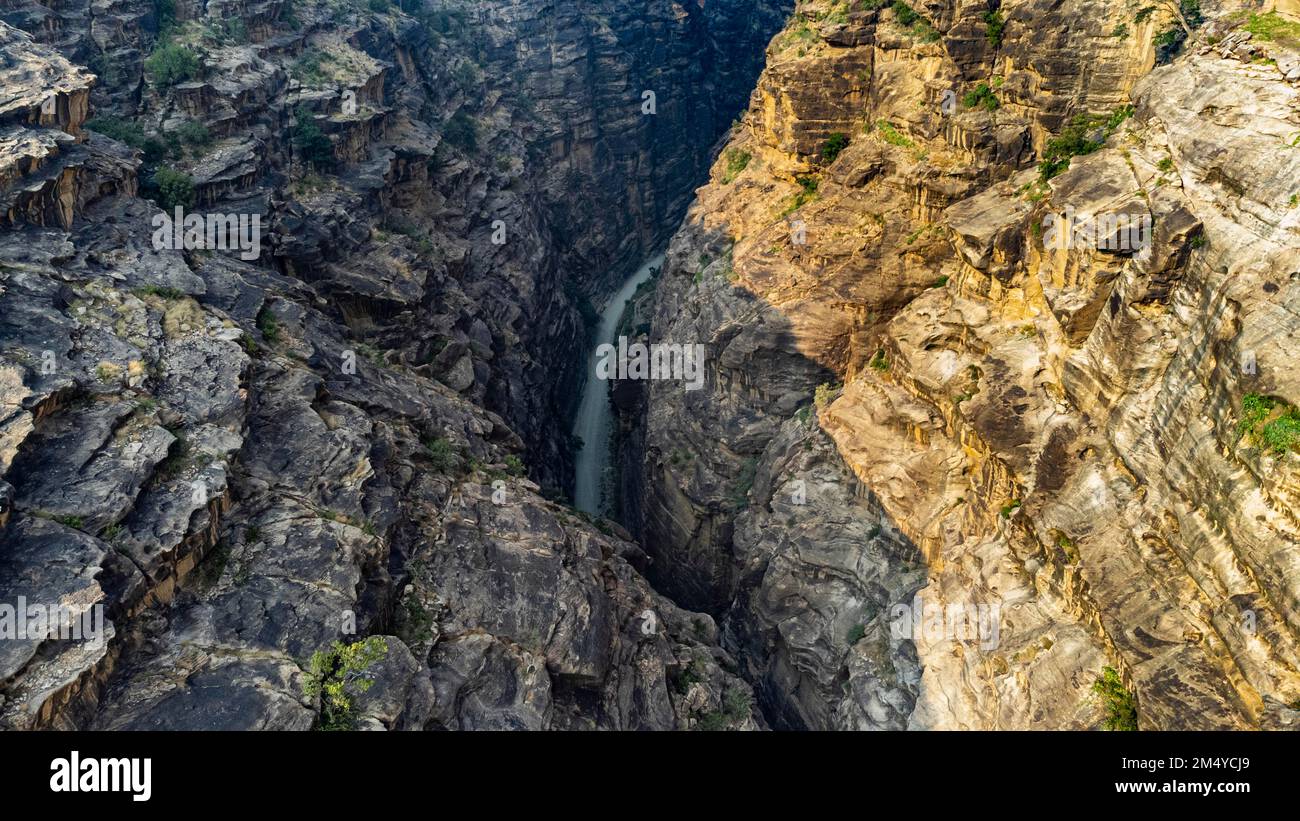 Aerial of the Wadi Lajab canyon, Asir mountains, Kingdom of Saudi ...
