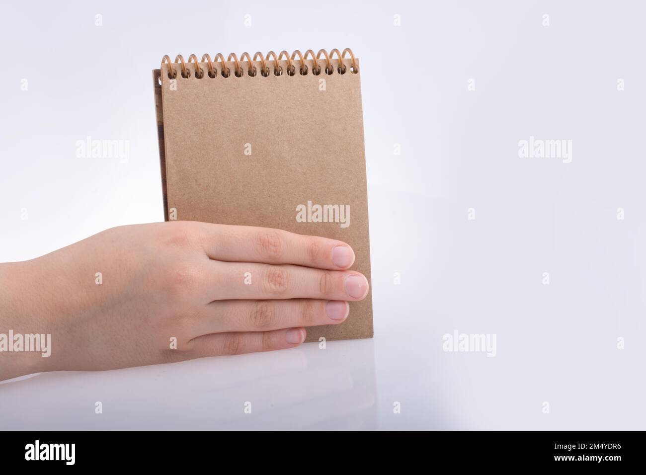 Hand holding brown color notebook on a white background Stock Photo - Alamy
