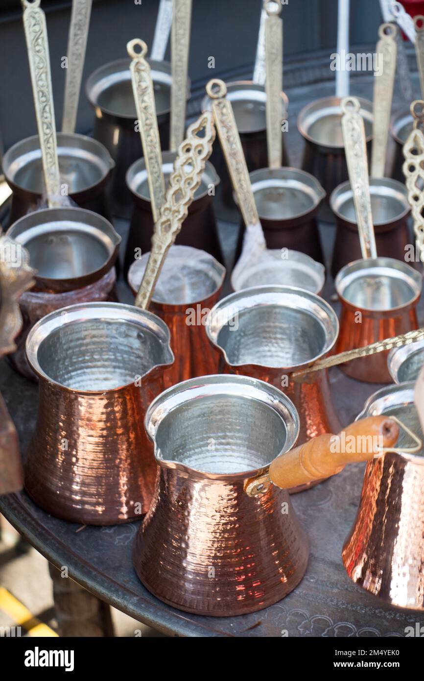 Turkish coffee pots made of metal in a traditional style Stock Photo ...
