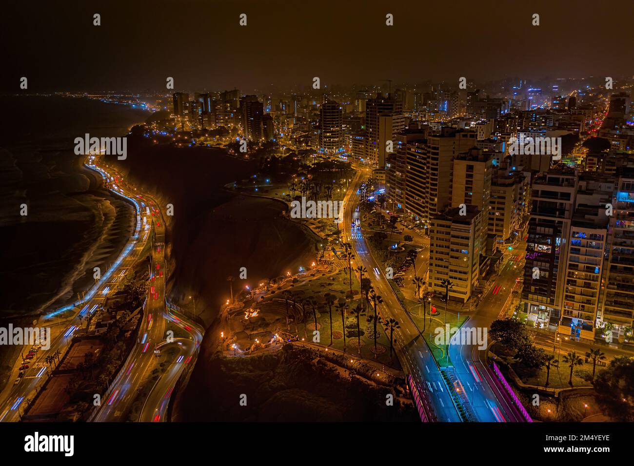 Aerial view of the Miraflores district and the Costa Verde reef with the Pacific Ocean in Lima ...