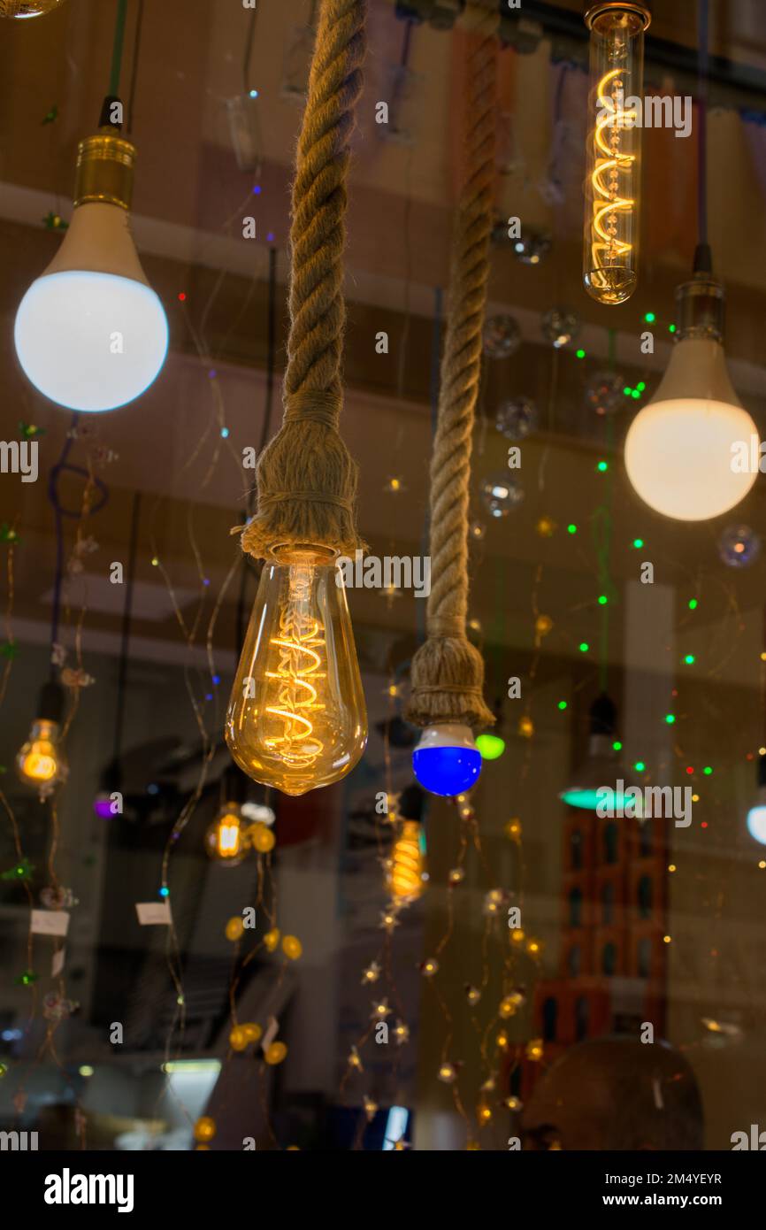Decorative antique edison style filament light bulbs hanging Stock ...