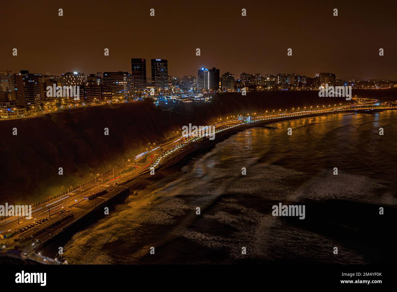 Aerial view of the Miraflores district and the Costa Verde reef with the Pacific Ocean in Lima ...