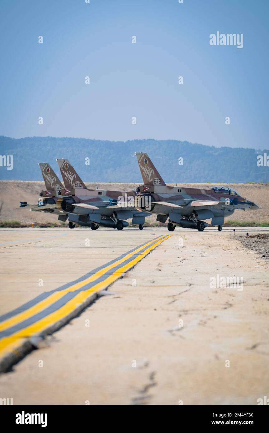 Three Israeli Air Force F-16D Barak fighter jets prepare to take-off at ...
