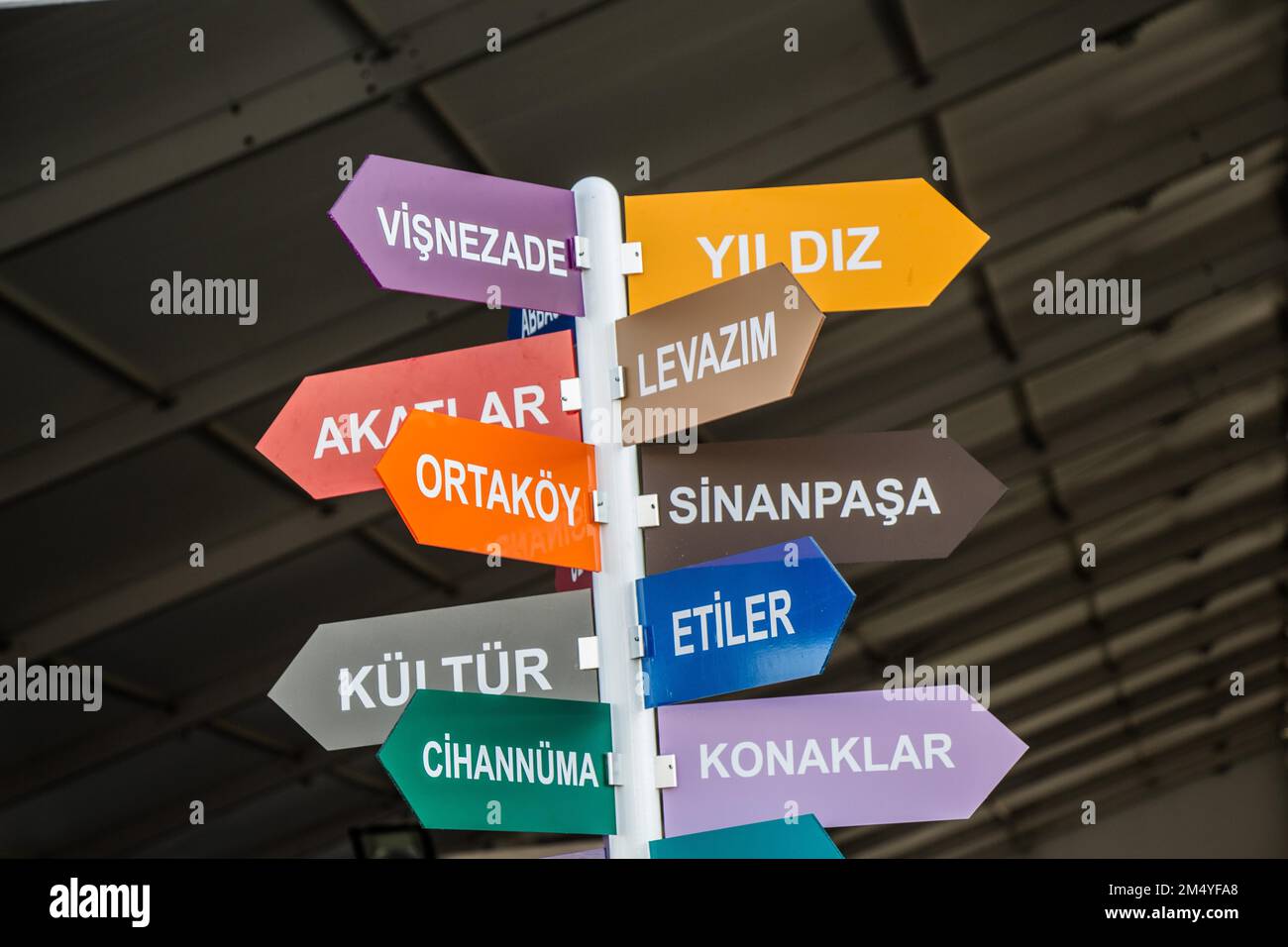 Colorful direction signs in Istanbul city, Turkey, in display Stock ...