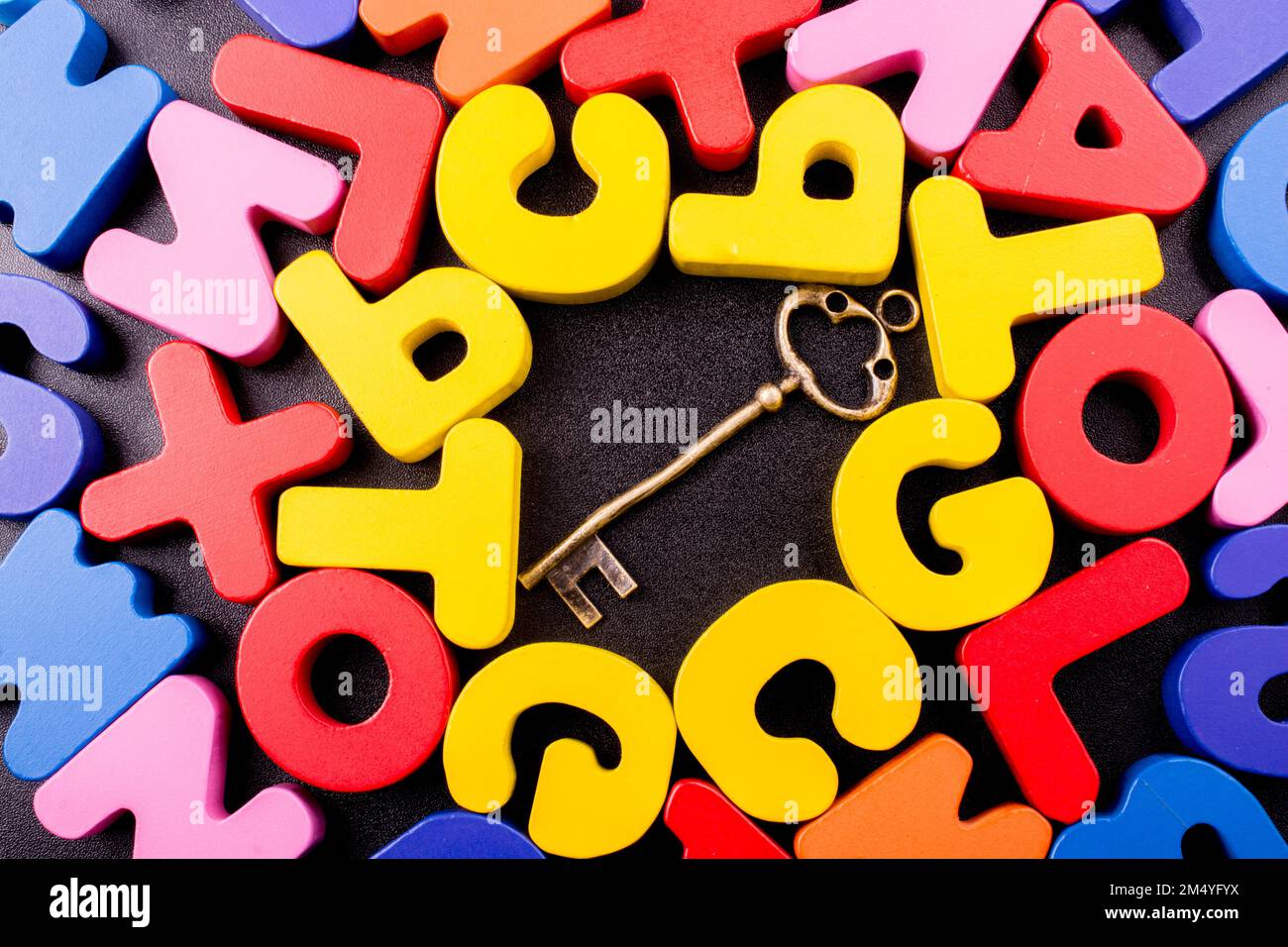 Retro key and Colorful Letters of Alphabet made of wood Stock Photo - Alamy