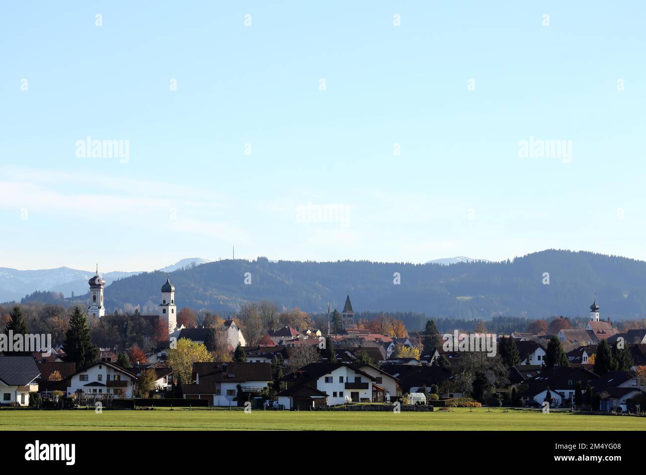 The historic old town of Isny im Allgaeu with a view of the skyline ...