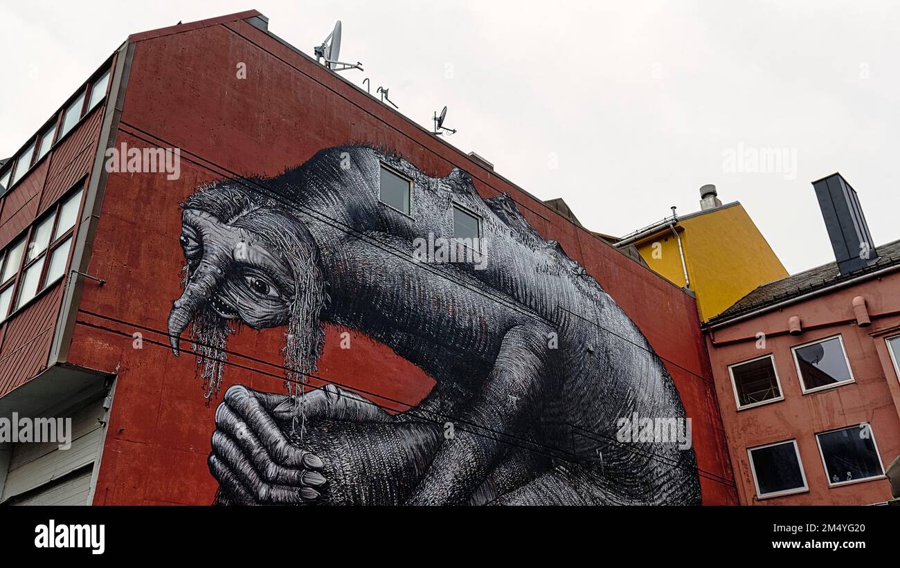 Mural on red house wall, artist Phlegm, street art in Bodo, Bodo ...
