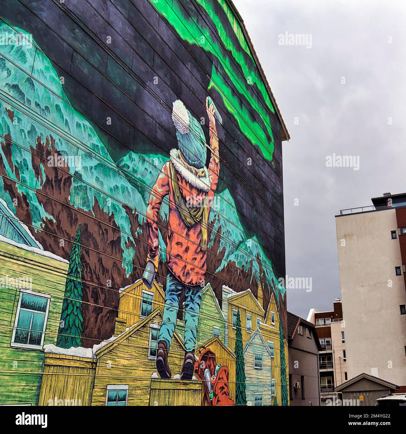 Mural After School, girl, graffiti sprayer sprays northern lights ...