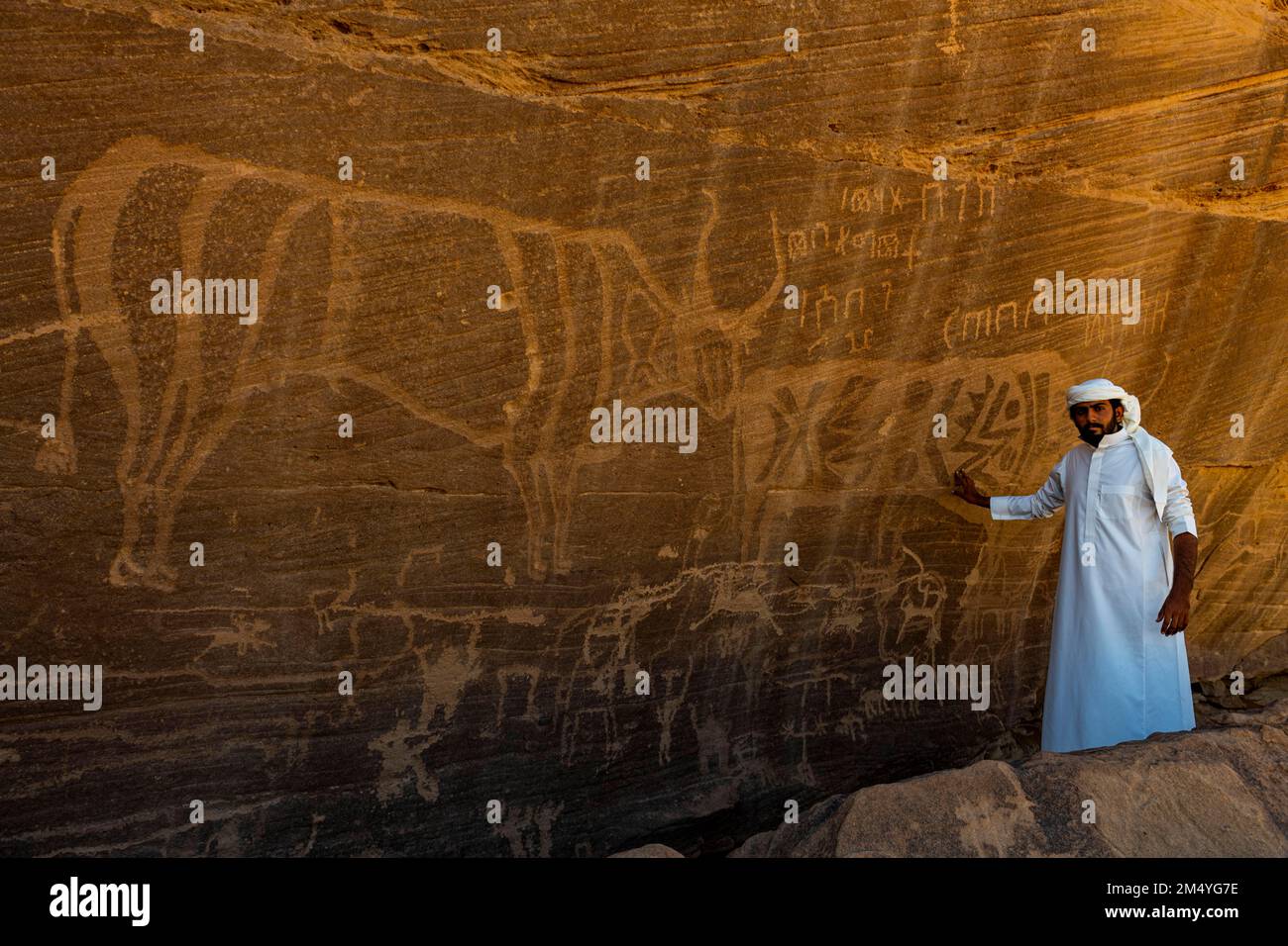 Man pointing at rock carvings, Unesco site Bir Hima Rock Petroglyphs ...