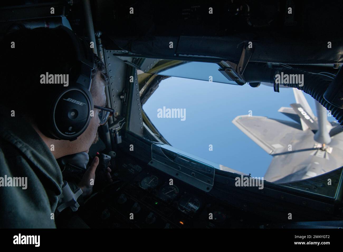 Senior Airman Caleb Schoen, 909th Air Refueling Squadron boom operator ...