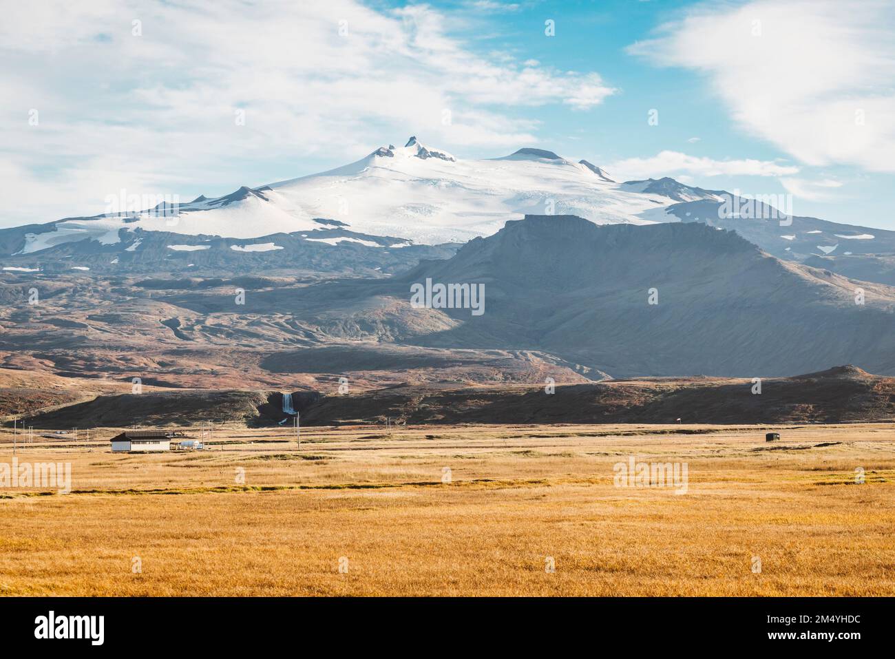 Snowy Snaefellsjokull volcano summit. Iceland volcano landscape with ...
