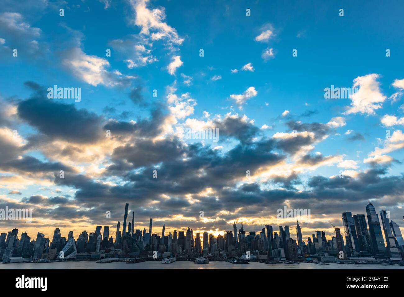 NYC skyline buildings bu the waters edge wide angle perspective, travel ...