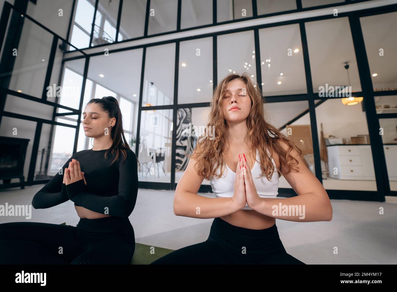 Two young women meditating in lotus pose with hands in namaste. Yoga ...