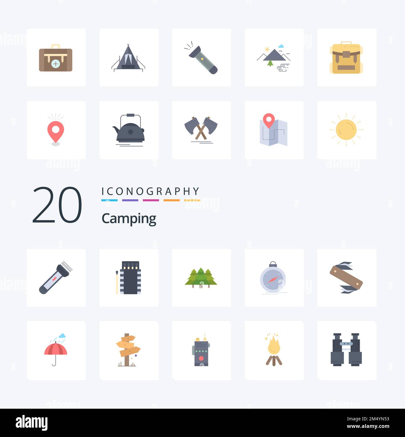 20 Camping Flat Color icon Pack like camping hiking campsite camping ...
