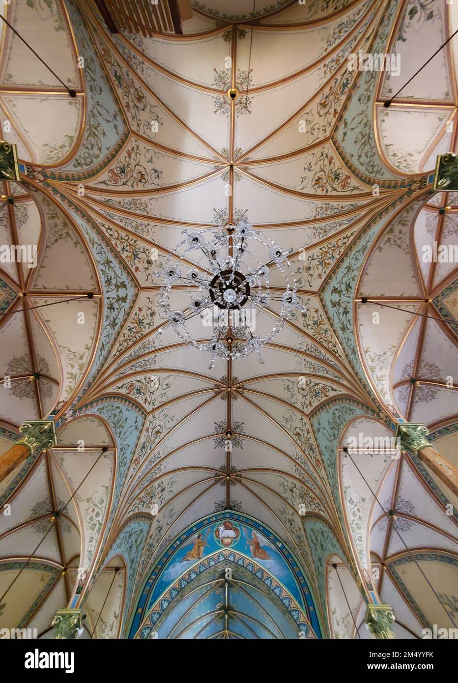Photograph of the handpainted ceiling and chandelier in St. Mary's ...