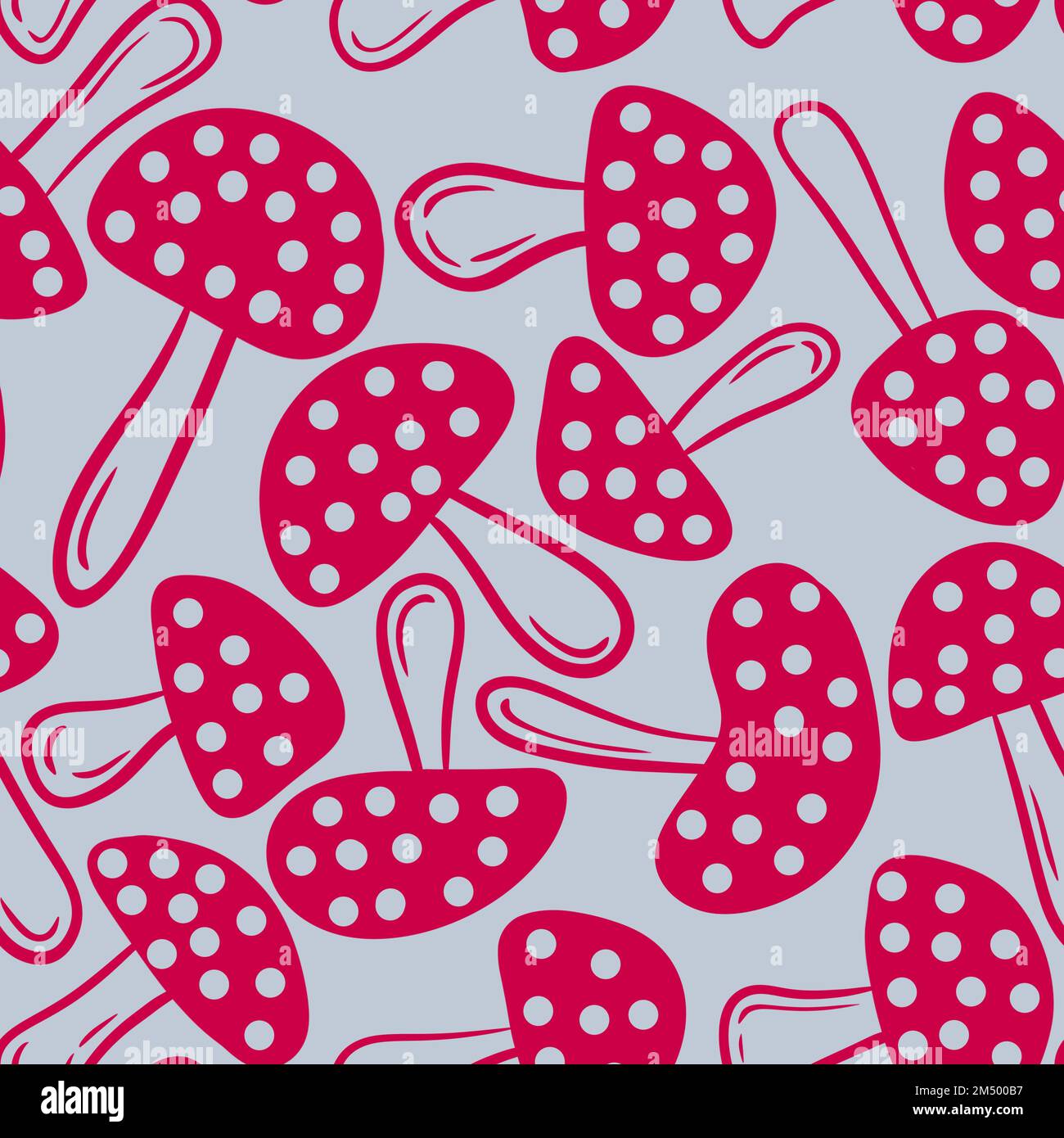 Hand drawn seamless pattern with red amanita mushrooms on grey ...