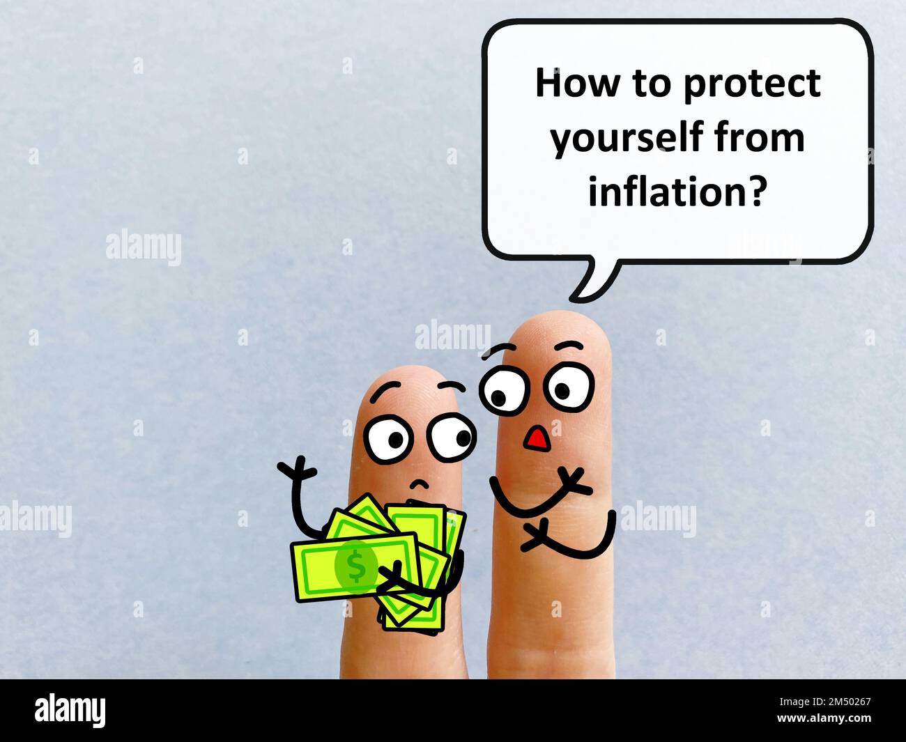 Two fingers are decorated as two person discussing about inflation and ...