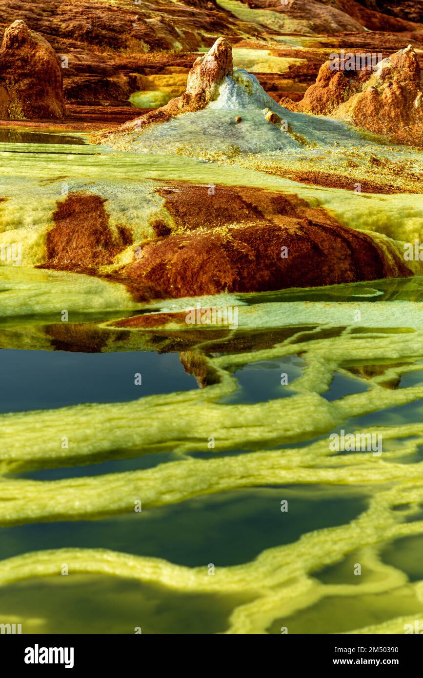 A vertical shot of sulfur formations in a volcanic area of Ethiopia ...