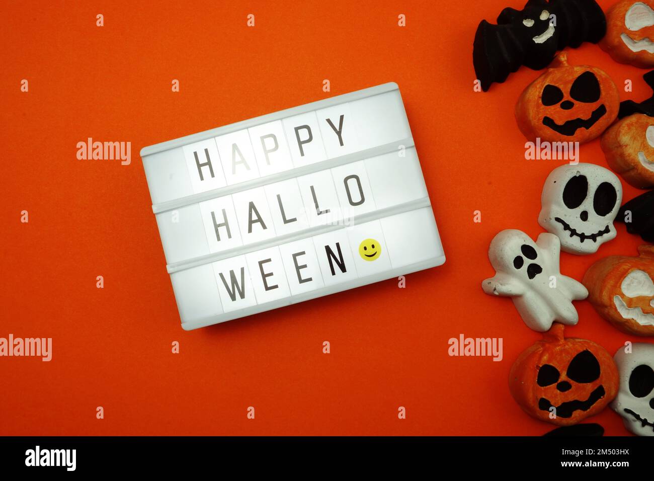 Top view Happy Halloween word in Light box flat lay Stock Photo - Alamy