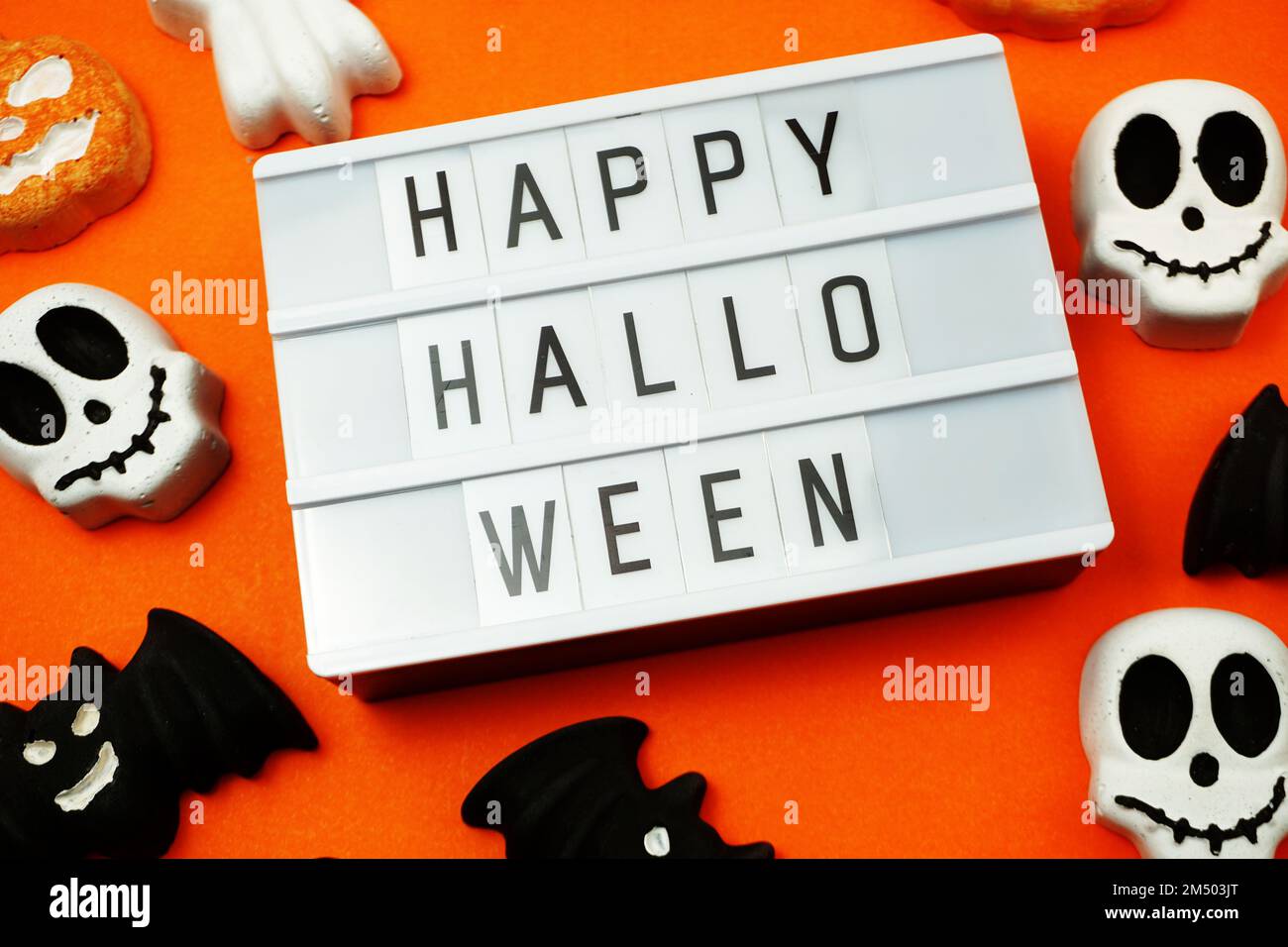 Top view Happy Halloween word in Light box flat lay Stock Photo - Alamy