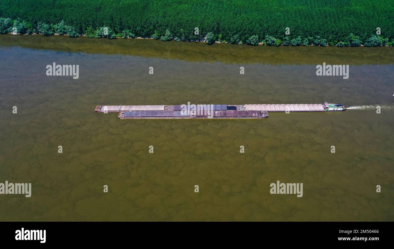 An aerial view of barge on Danube river Stock Photo - Alamy