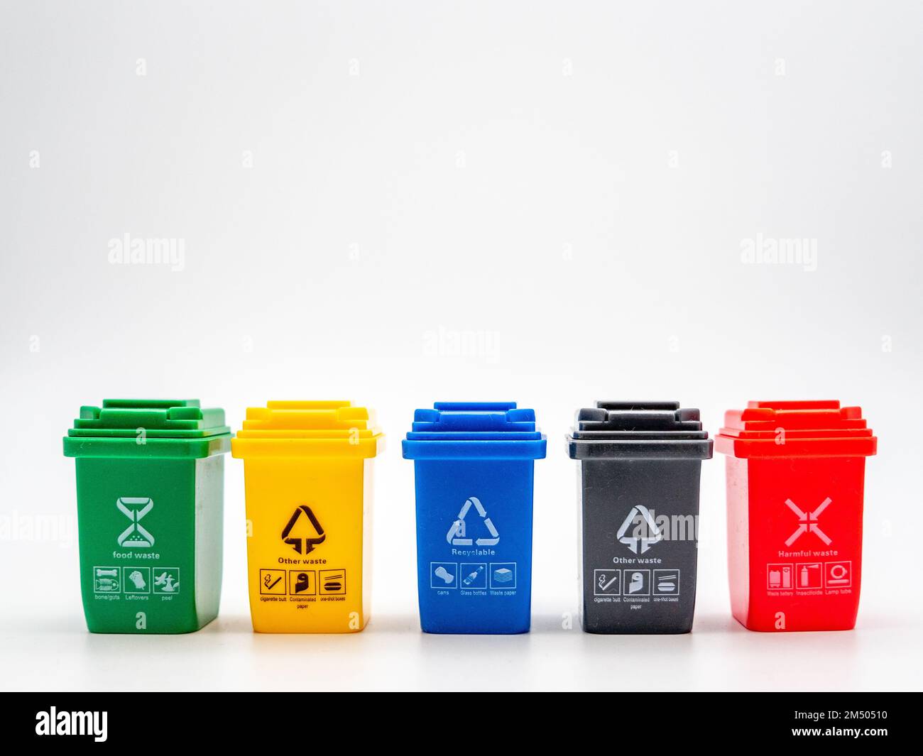 A five trash bins with different colors and tasks isolated on white ...