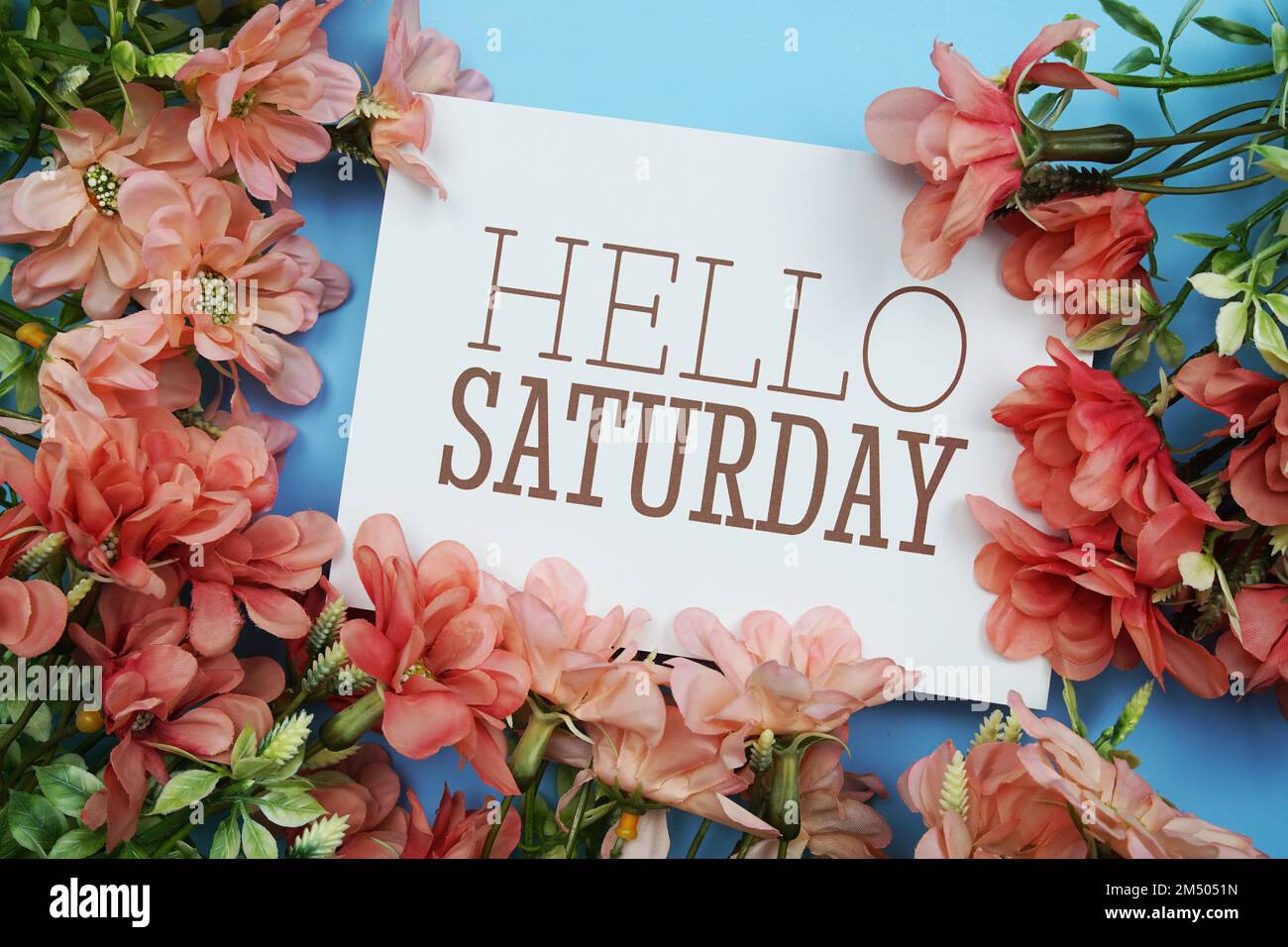 Hello Saturday text with Pink Flower frame on blue background Stock ...