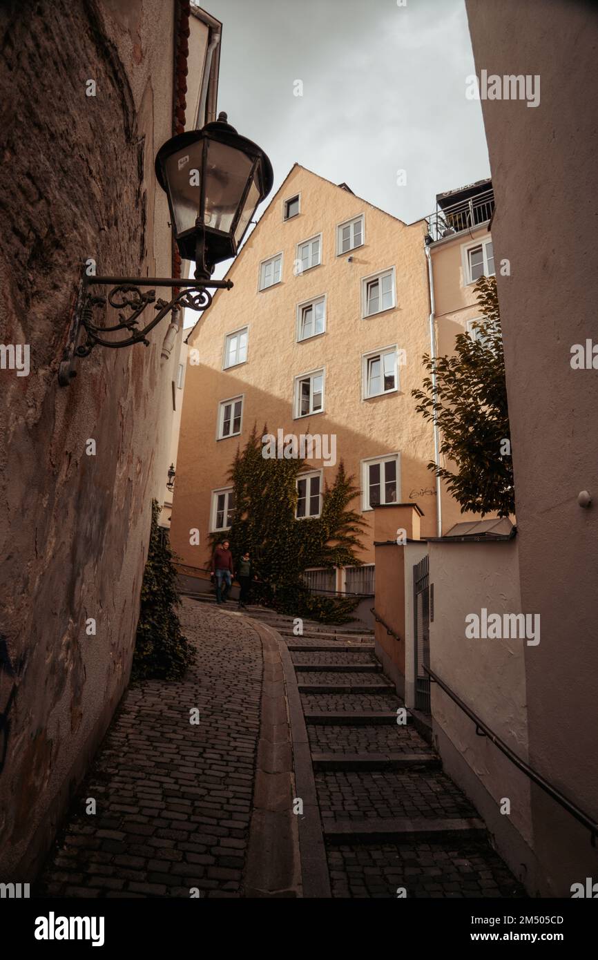 A vertical shot of an alley of the brick stone stair between old ...