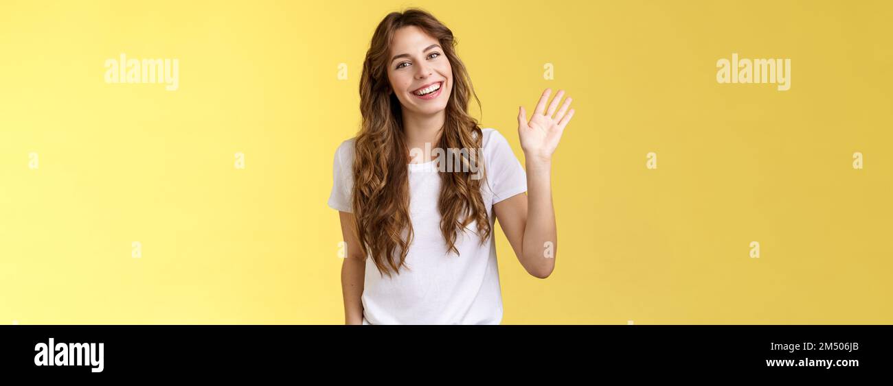 Modest cute friendly outgoing attractive european woman long curly ...