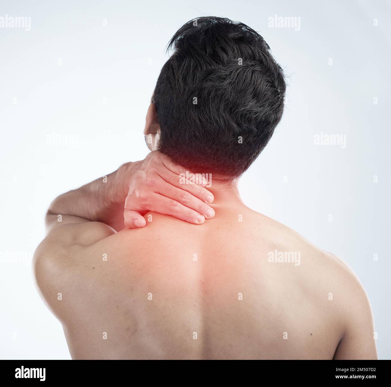 Man, hands or body neck pain and glow on studio background in exercise ...