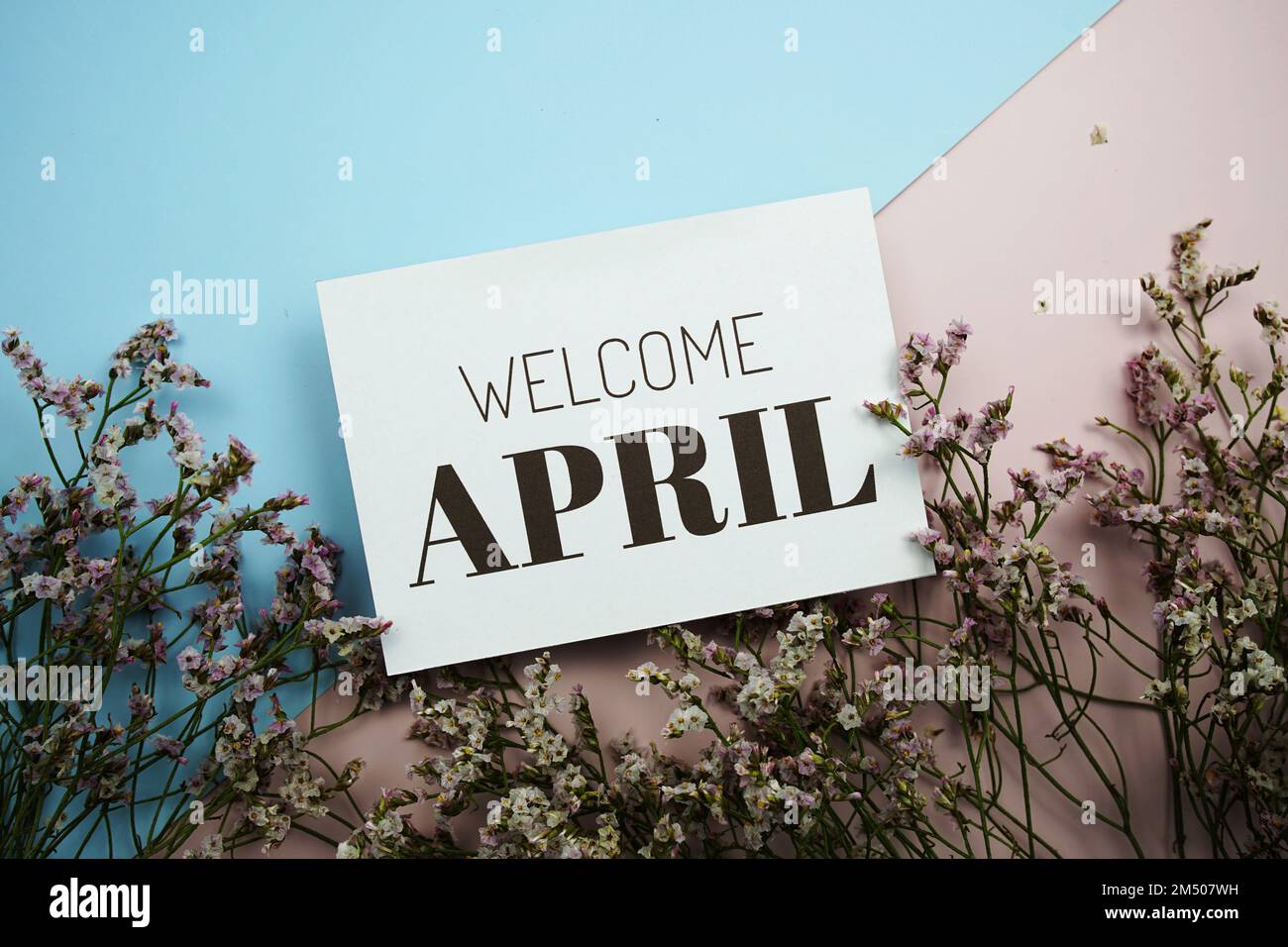 Welcome April text message with flower on blue and pink background ...