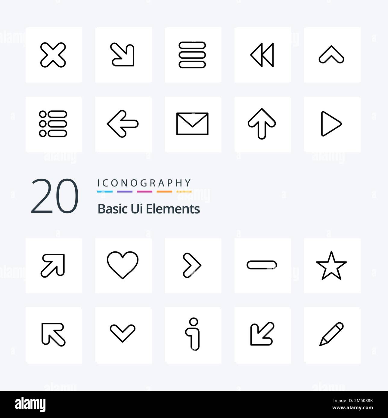 20 Basic Ui Elements Line icon Pack like media bookmark right remove less Stock Vector Image ...