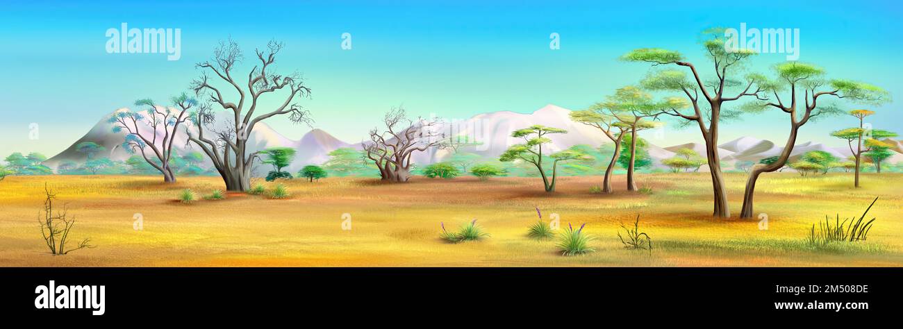 African savannah landscape on a hot day. Digital Painting Background ...
