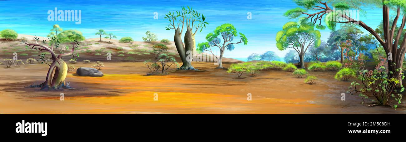 Baobab and acacia trees in the savannah on a sunny day. Digital ...