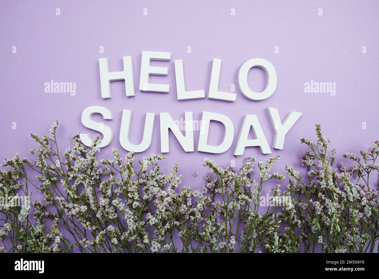 Hello Sunday alphabet letters with flower frame on purple background ...