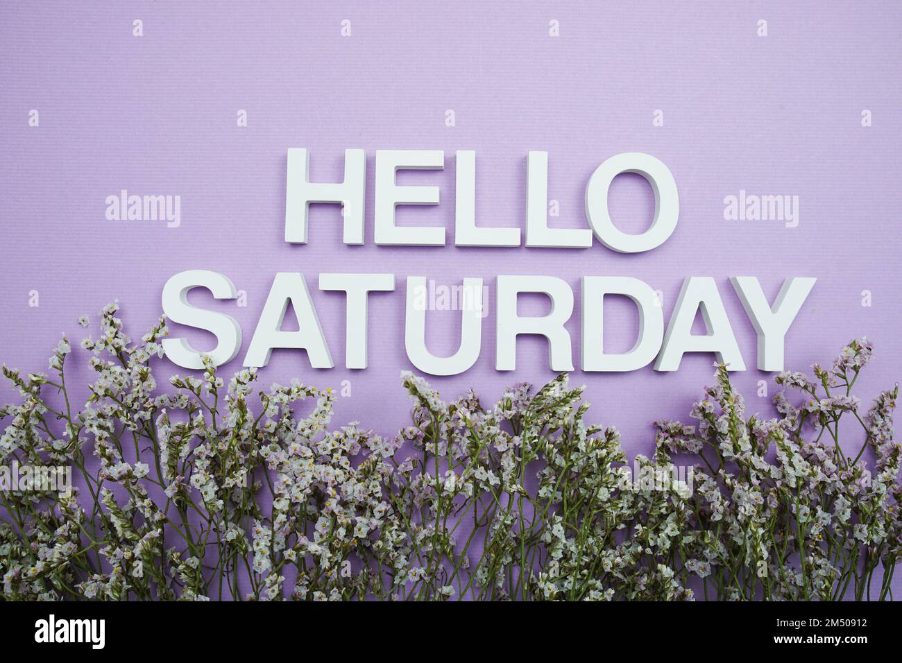 Hello Saturday alphabet letters with flower frame on purple background ...