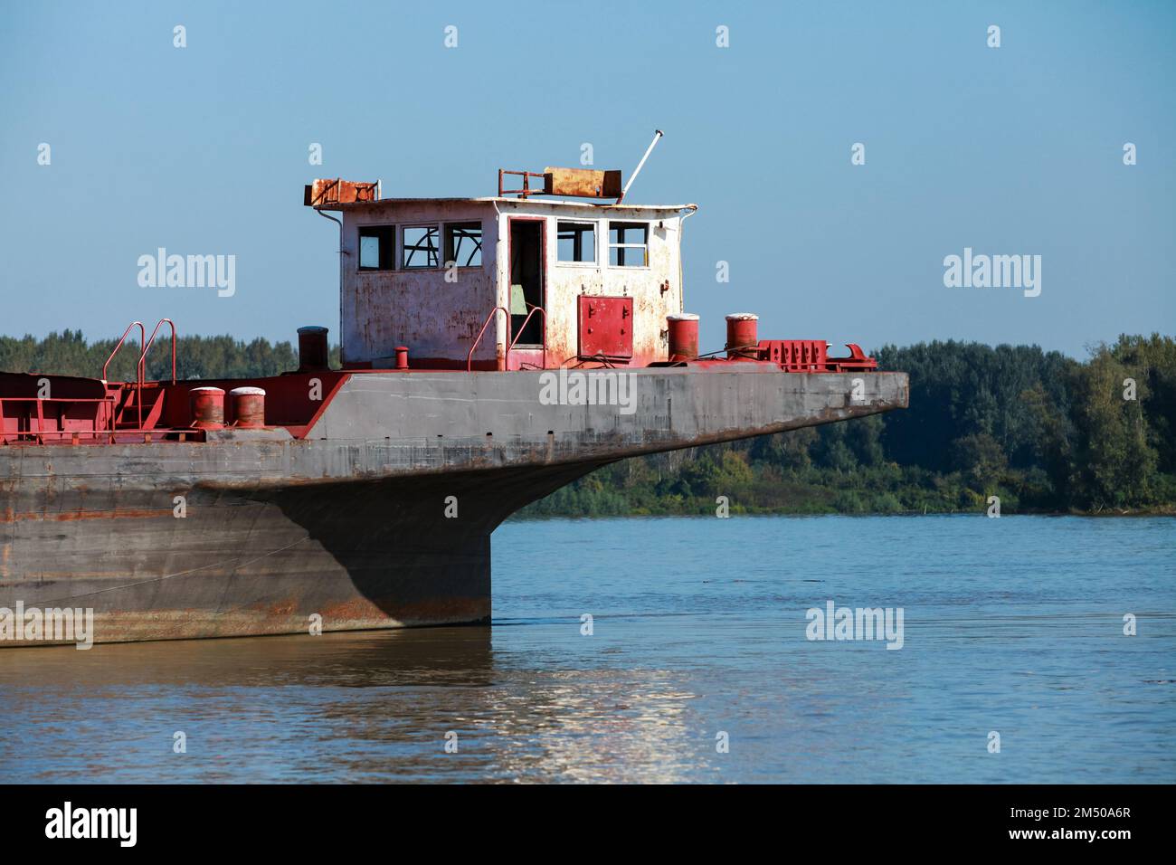 Stern superstructure of modern barge at Danube river on a sunny day ...