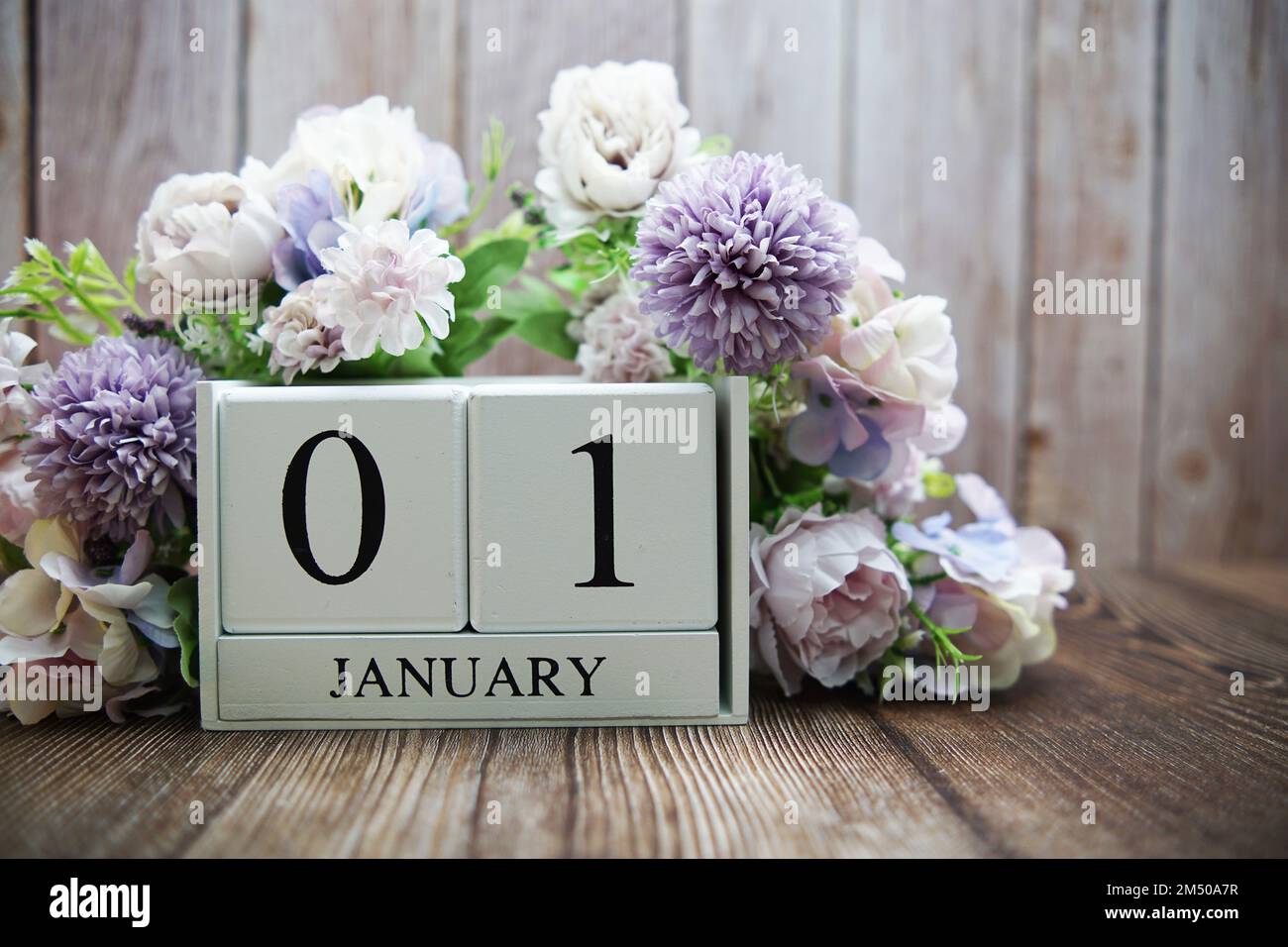 Wooden calendar January 01 on wooden background Stock Photo - Alamy