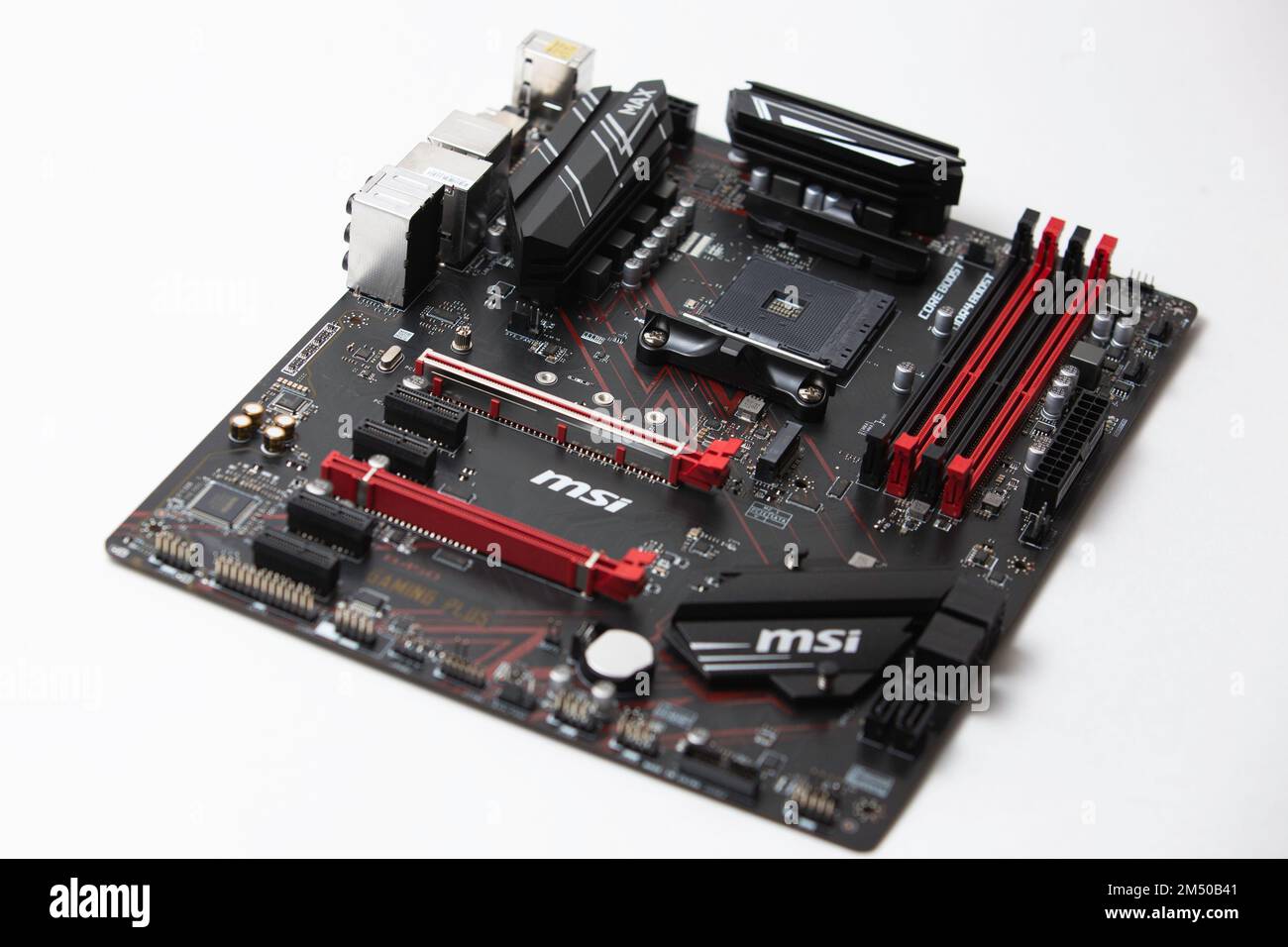 A Closeup of MSI in a computer motherboard isolated on a white ...
