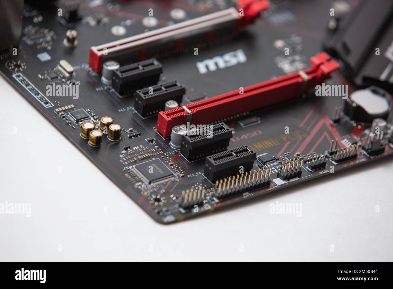 A Closeup of MSI in a computer motherboard isolated on a white ...