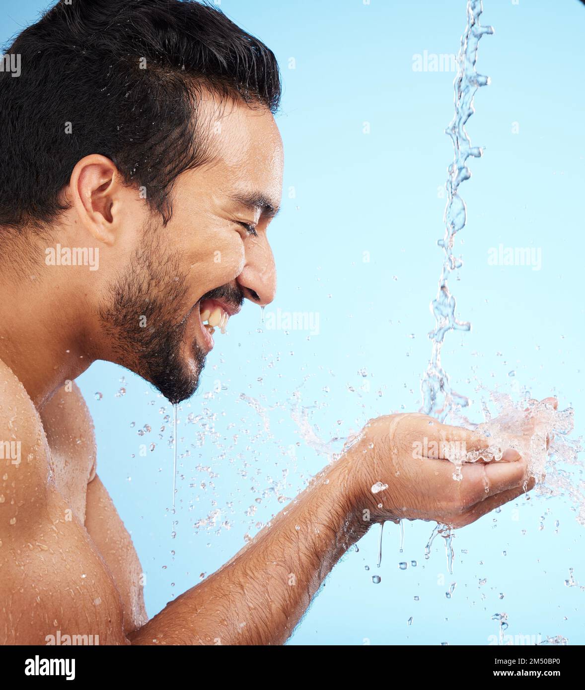 Water, hands or man in shower in studio cleaning body for wellness or ...