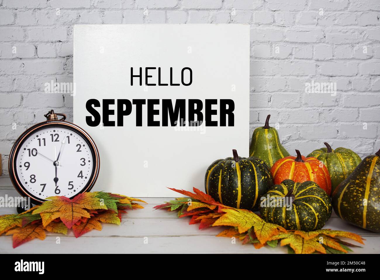 Hello September text message with pumpkin and maple leaf decoration on ...
